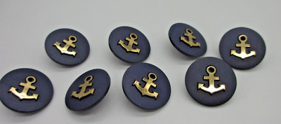 Eight (8) Round NAVY BLUE Plastic Gold Anchors Shank Back Buttons 3/4 ...