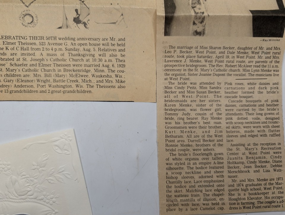 1975 West Point IA Becker Menke Wedding Ephemera Invitation Newspaper ...