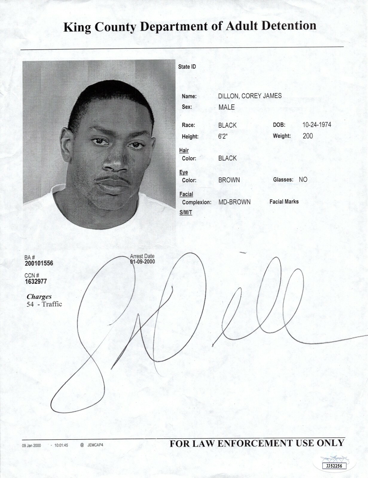 Corey Dillon Autographed Signed JSA Internal King County Arrest Sheet ...