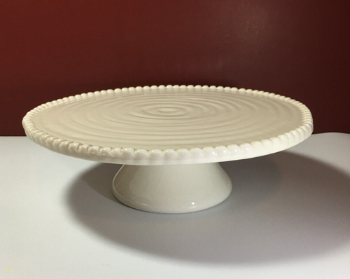 Handmade Cake Plate Round White Beaded Edge Ceramic Pedestal Dessert ...