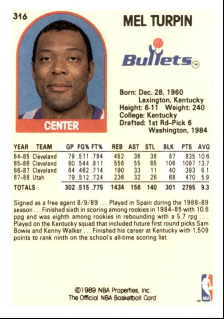 1989-90 Hoops Basketball Card Mel Turpin Washington Bullets #316 | eBay