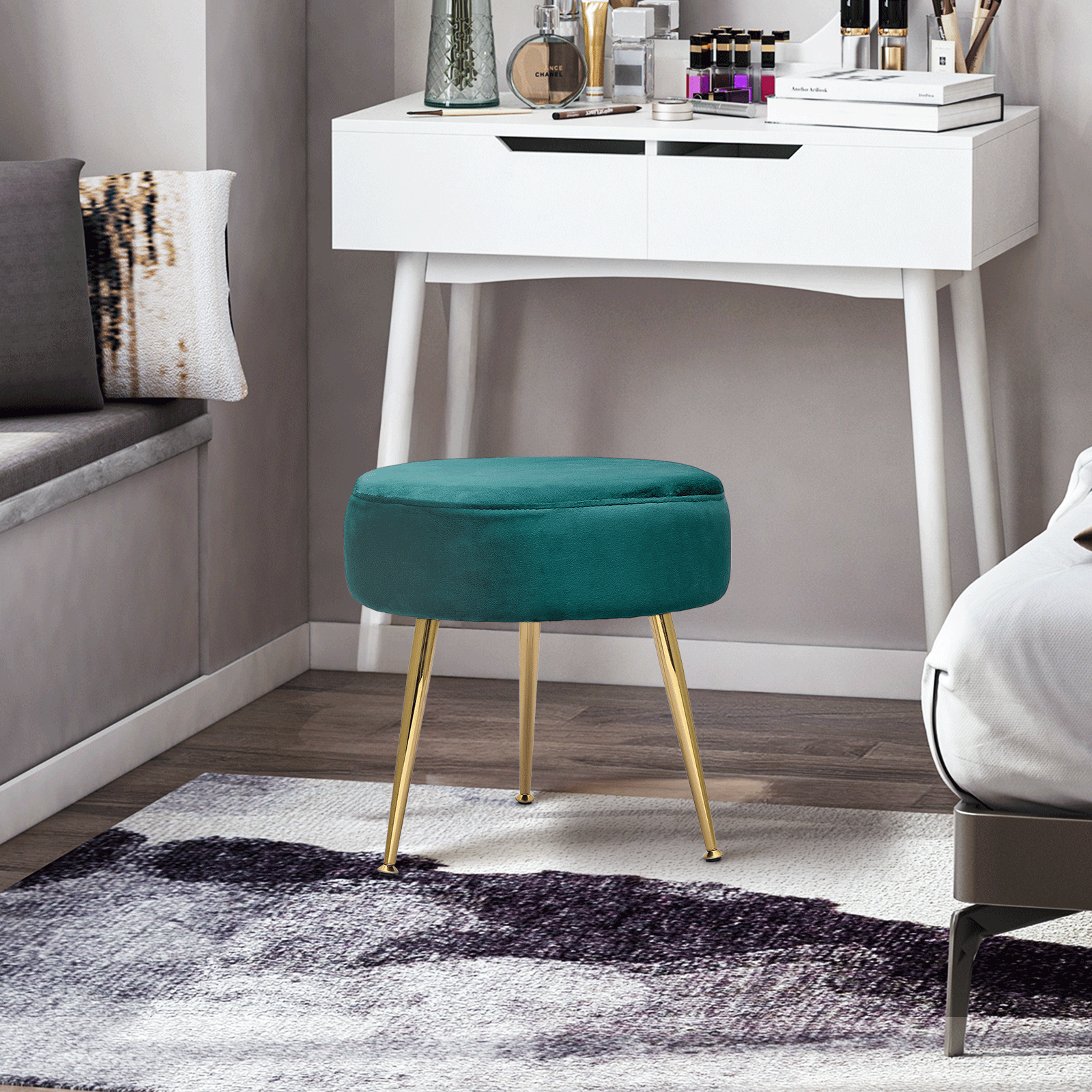 Green Modern Make Up Stool Nail Backless Accent Velvet Upholstered ...