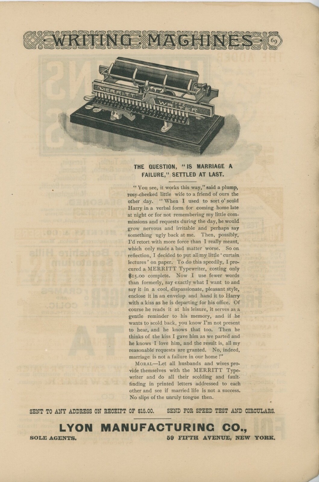 1890 Lyon Manufacturing Merritt Typewriter Vintage Ad New York NY Early ...