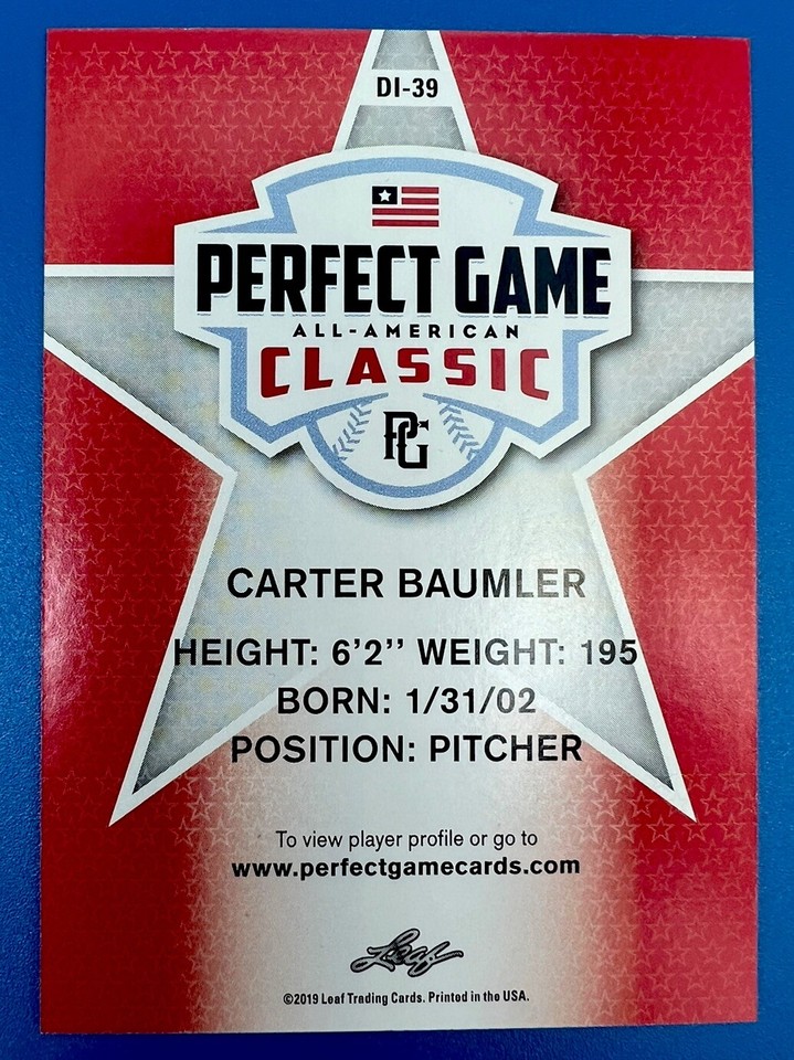 2019 Leaf Perfect Game All-American CARTER BAUMLER #DI-39 RC Baltimore ...
