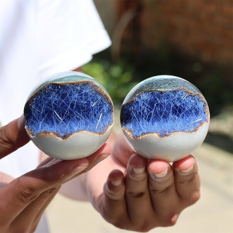 1pc Natural Blue Needle Ironstone Carved Sphere Open Mouth Crystal Ball ...