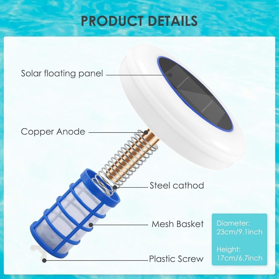 Solar Pool Ionizer, Upgraded Copper Ionizer w/ LED Light, for Up to ...