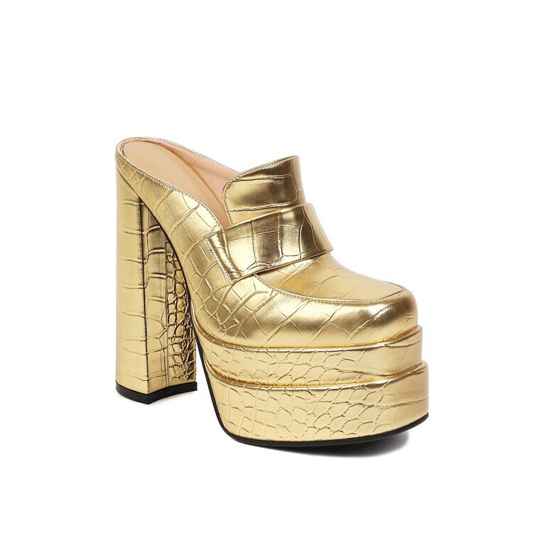 Women's Fashion Square Toe Embossed Platform Block Heel Sandal Shoes ...