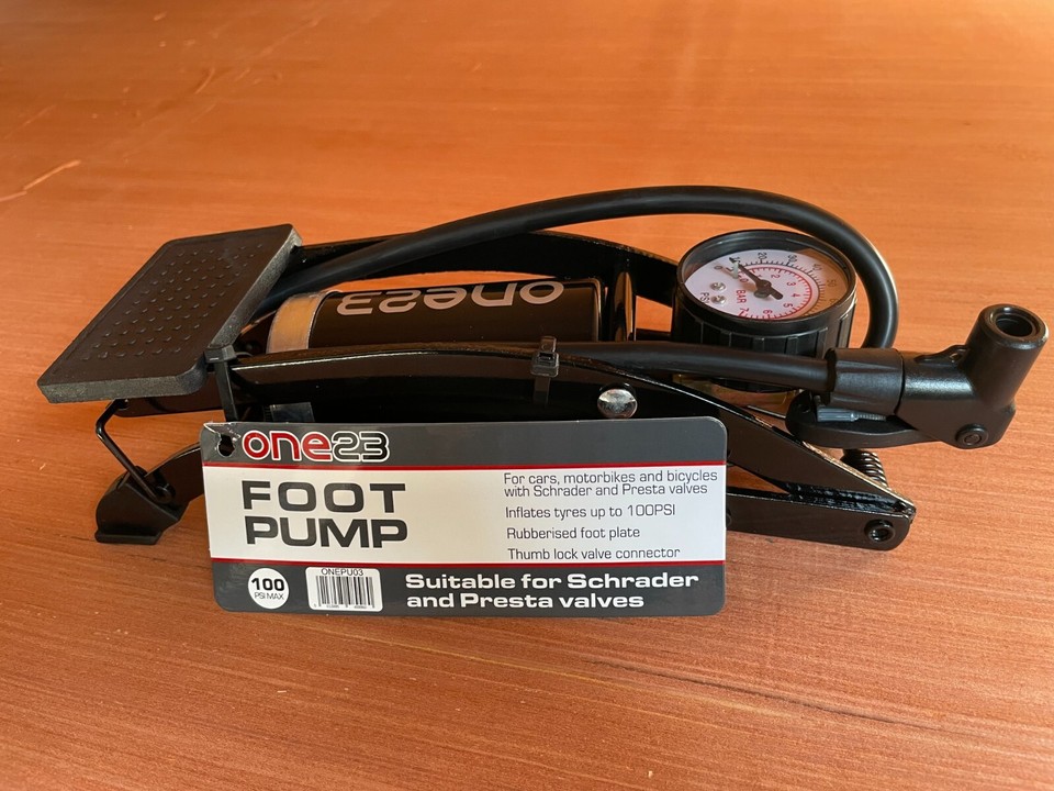 One23 Single Barrel Foot Pump - Car/Cycle/Motorbike - 100psi - Brand ...