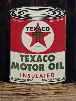 1956 TEXACO MOTOR OIL GASOLINE PORCELAIN GAS PUMP SIGN 11" X 8" HEAVY ...