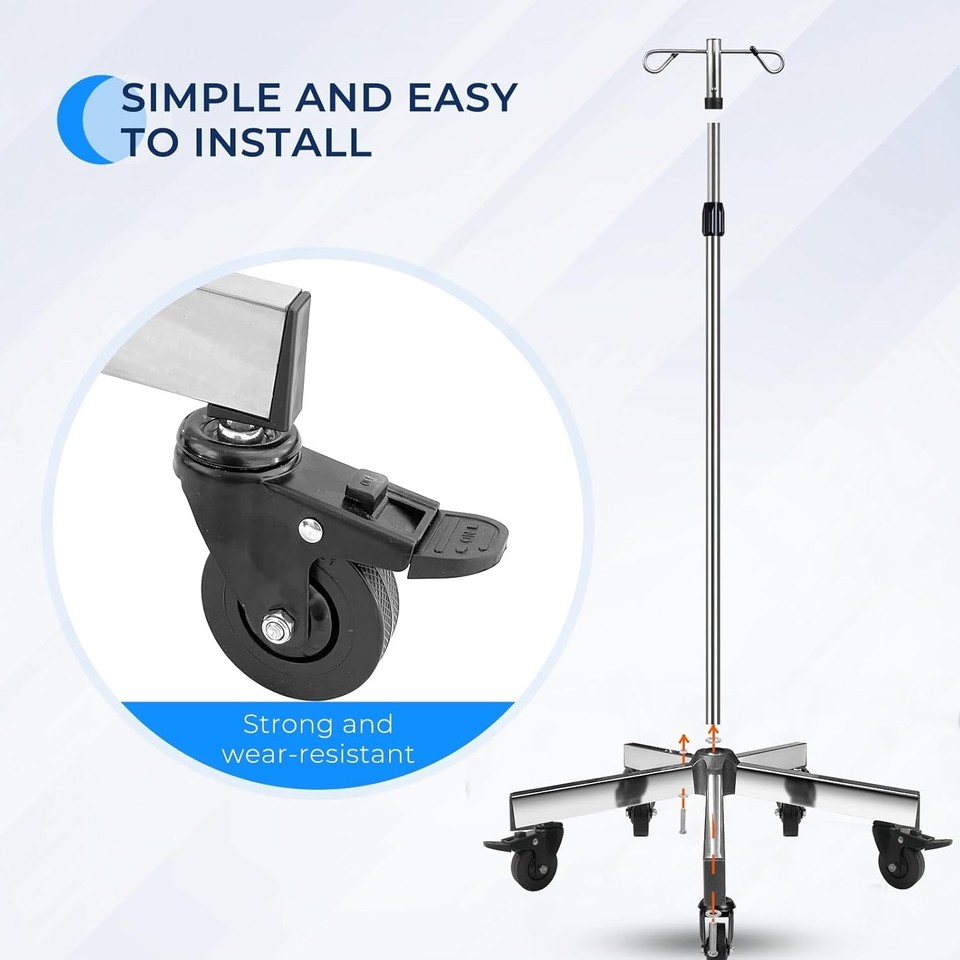 IV Poles IV Stands Portable Rolling 2 Hook 5 Legs Adjustable Height ...