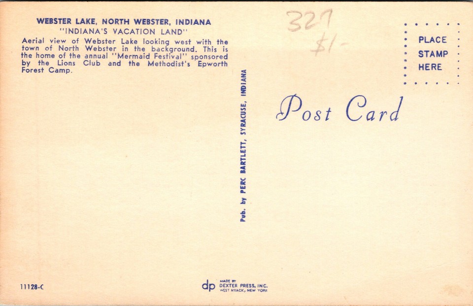 Vtg 1960s Webster Lake Aerial View North Webster Indiana IN Unused ...