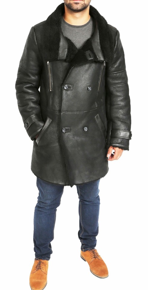 Mens Genuine Sheepskin Reefer Coat 3/4 Long Double Breasted Shearling ...