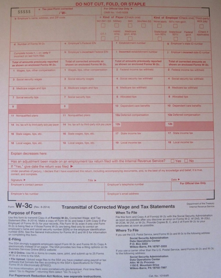 8 FORMS W-2C IRS Corrected Wage/Tax Statement & 3= W-3C Transmittal ...