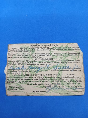 1943 WWII CARD Troop Transport USS HERMITAGE “IMPERIUM NEPTUNI REGIS" S ...