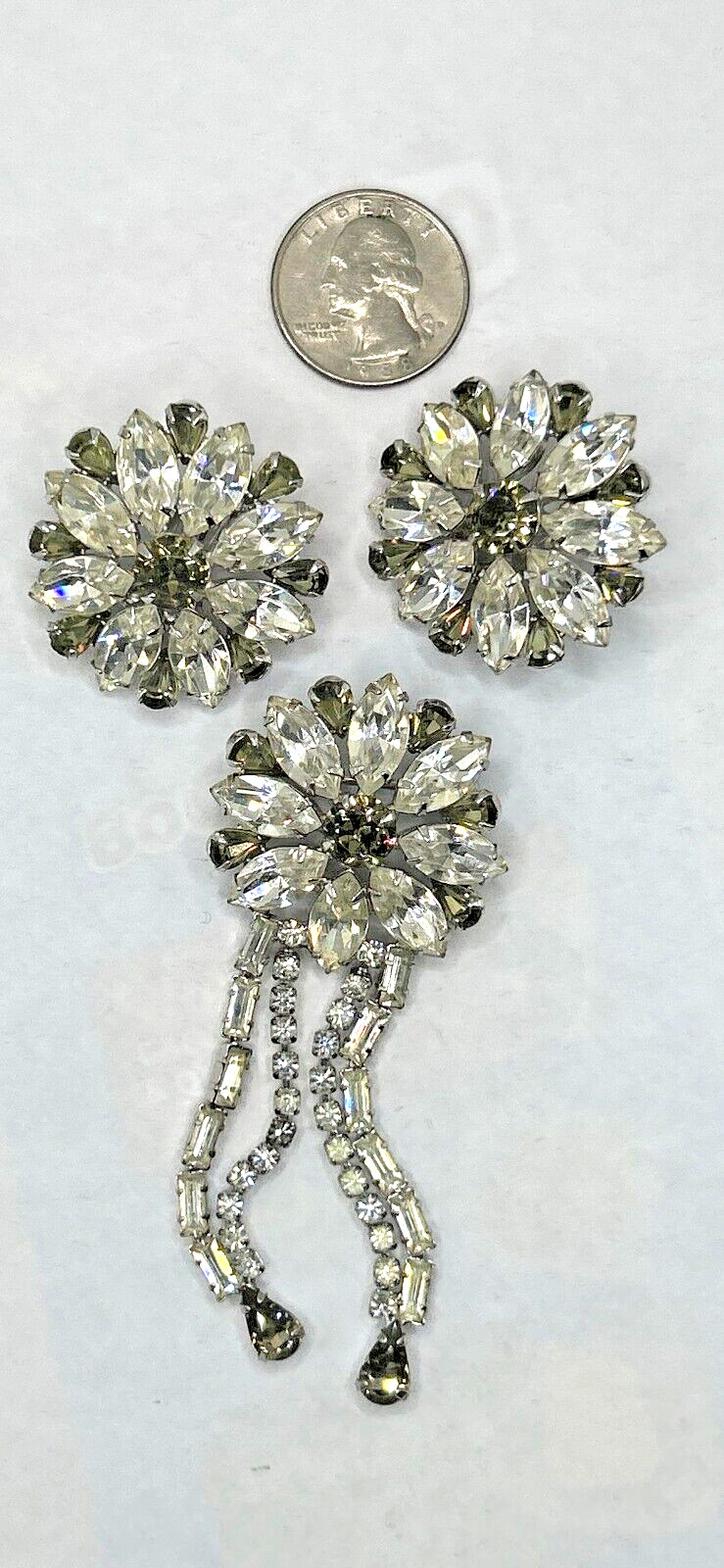 Rhinestone Dangle Brooch & Earrings Clear & Gray Rhod… - Gem