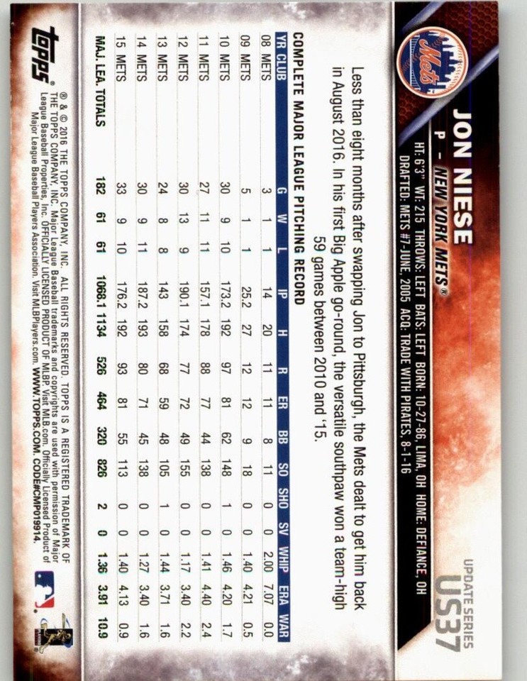 2016 Topps Update Jon Niese #US37 New York Mets | eBay
