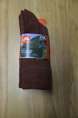 Ozark Trail Men's Merino Wool Blend Crew Socks-Cognac Brown-Size 6-12 ...