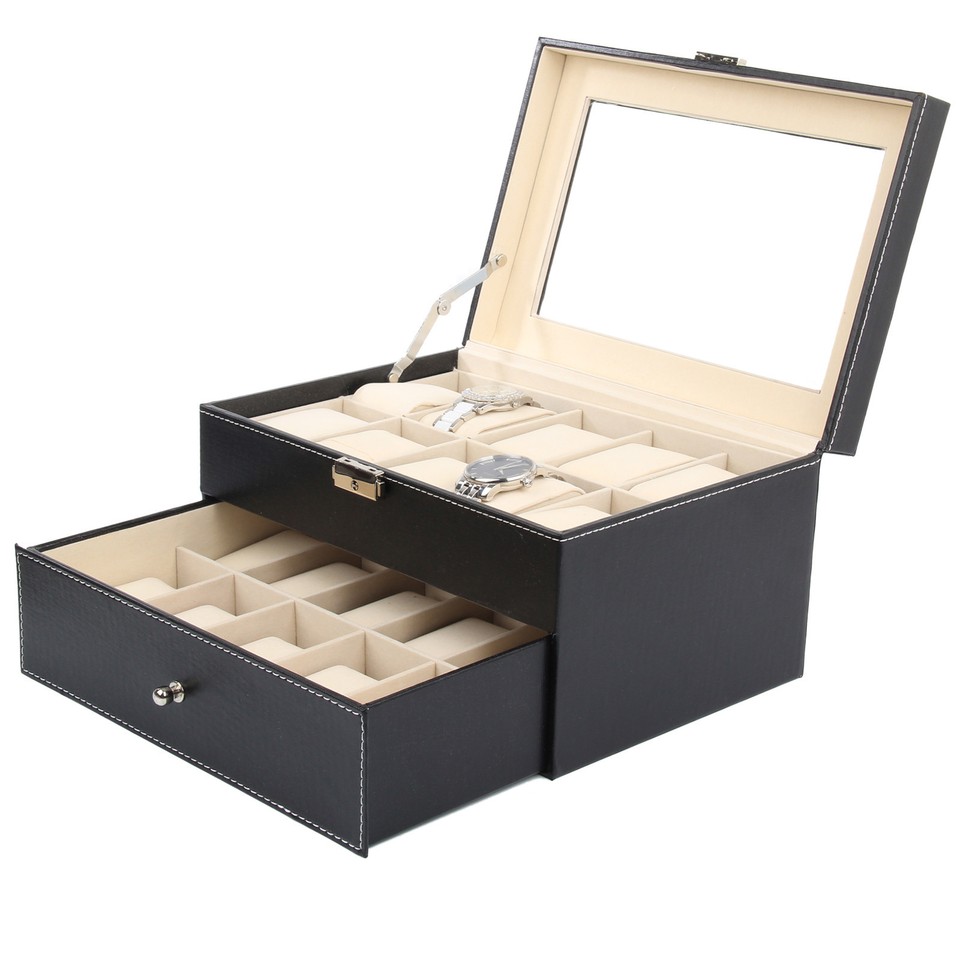 6-24 Grid Slots Watch Box Leather Display Glass Top Jewelry Storage ...