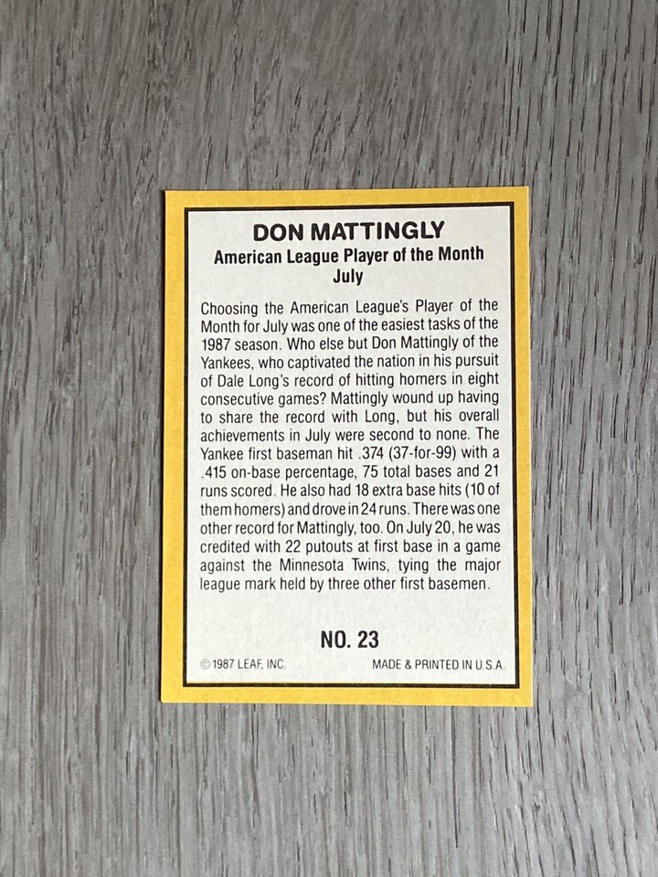 1987 MLB Donruss 'Highlights' | Don Mattingly | #23 | New York Yankees ...