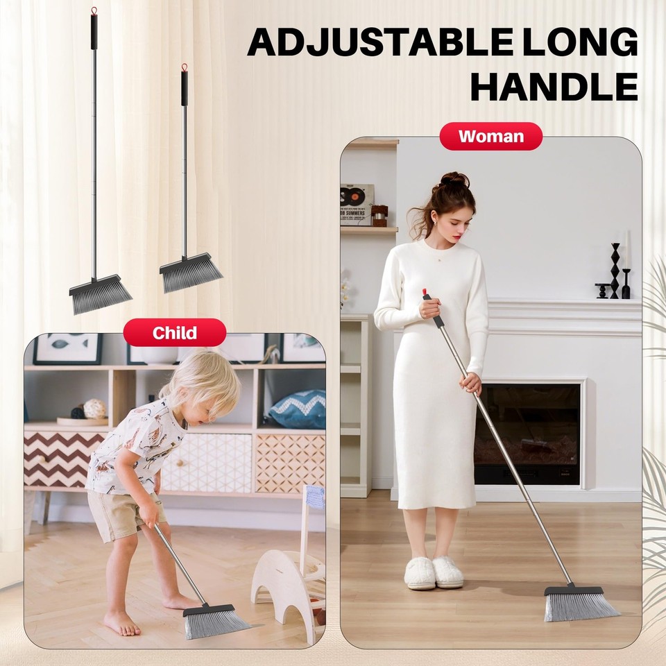 Black and Red Broom and Dustpan Set, Upright Angle Design with Built-in ...