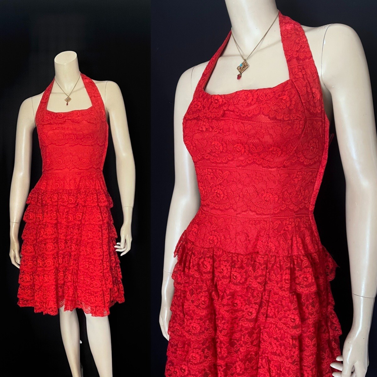 Hot Fire Engine Red 1950s Halter Dress, Tiered, Ruffl… - Gem