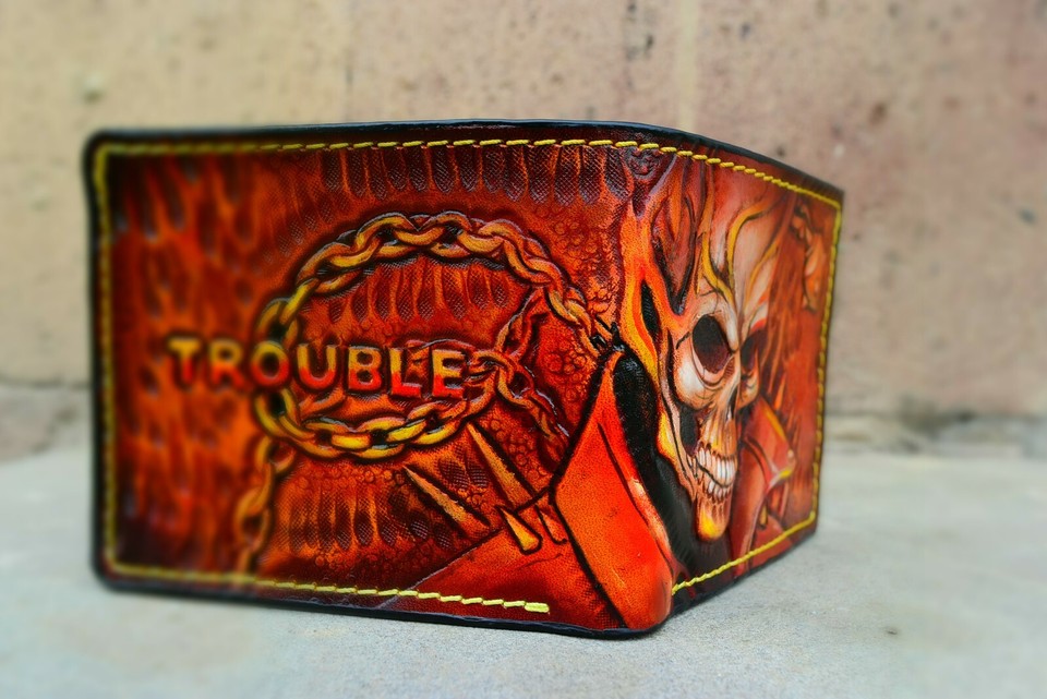 Ghost Rider leather wallet,skull carved leather wallet,Genuine Leather ...