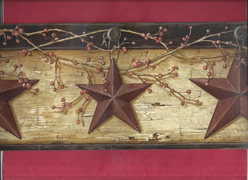 * WALLPAPER BORDER COUNTRY RUSTIC PRIMITIVE TIN BARN STAR BERRY VINES ...