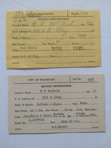 2 - 1950's Frankfort Indiana Bicycle Registration Cards | eBay