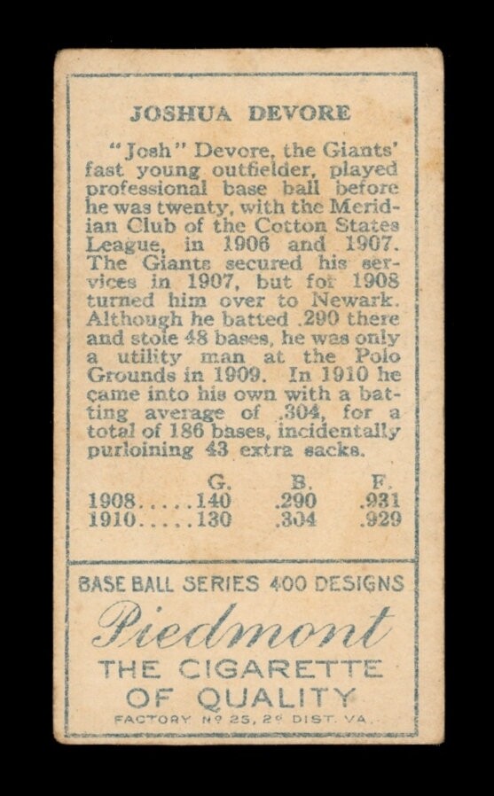 1911 T205 Gold Border Set-Break Josh Devore Piedmont LOW GRADE (crease ...