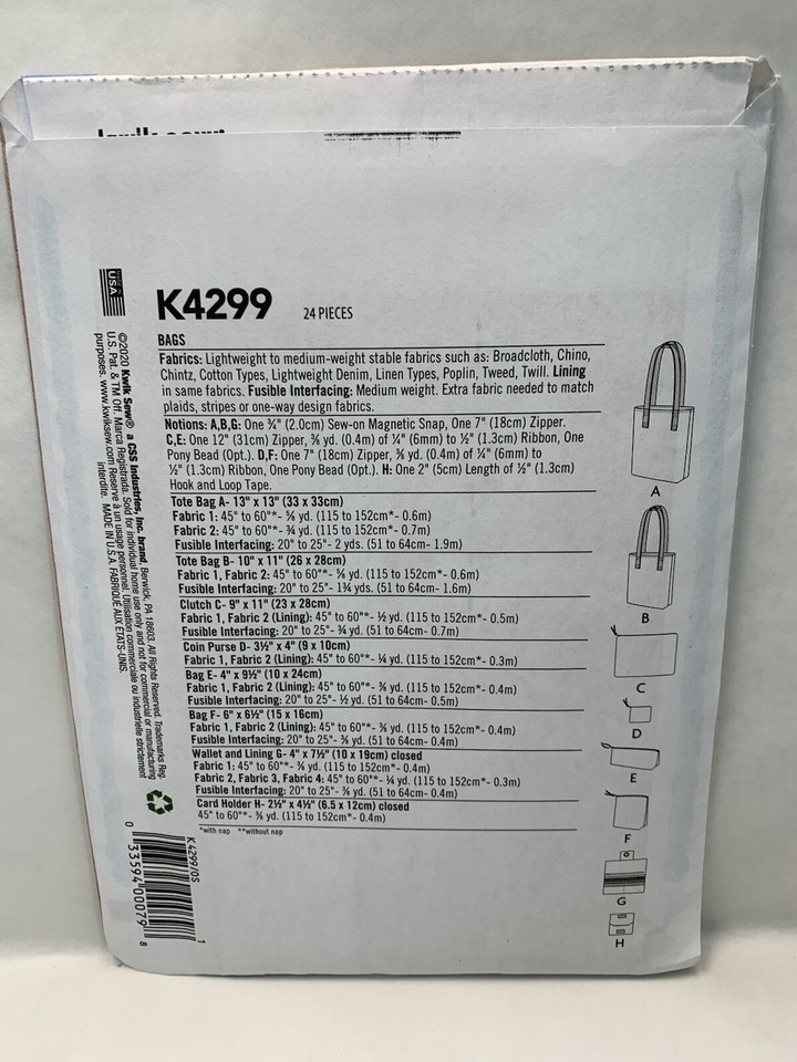 Kwik Sew K4299 Bags Purse Wallet Glass Case Accessories Sewing Pattern ...