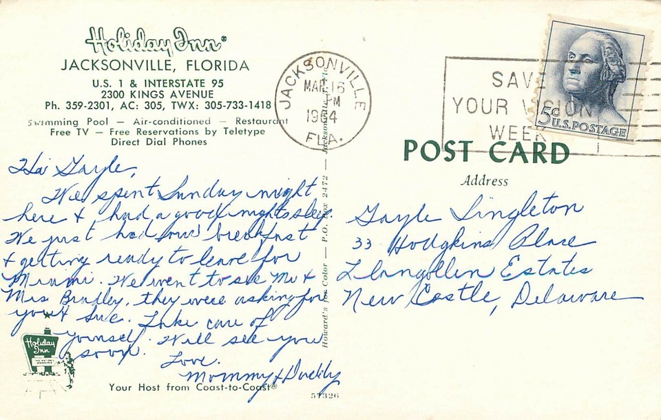 Holiday Inn Motel Postcard Vintage Florida Jacksonville 1964 | eBay