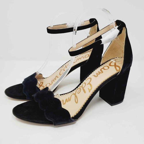 Sam Edelman Odila Black Leather Scallop Edge Block Heel Ankle Strap ...