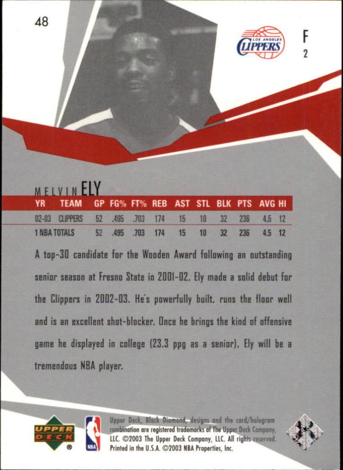 2003-04 Black Diamond Los Angeles Clippers Basketball Card #48 Melvin ...