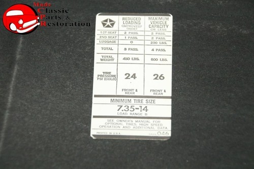 73-75 Mopar A Body 735x14 Tire Pressure Decal # 3815046 | eBay