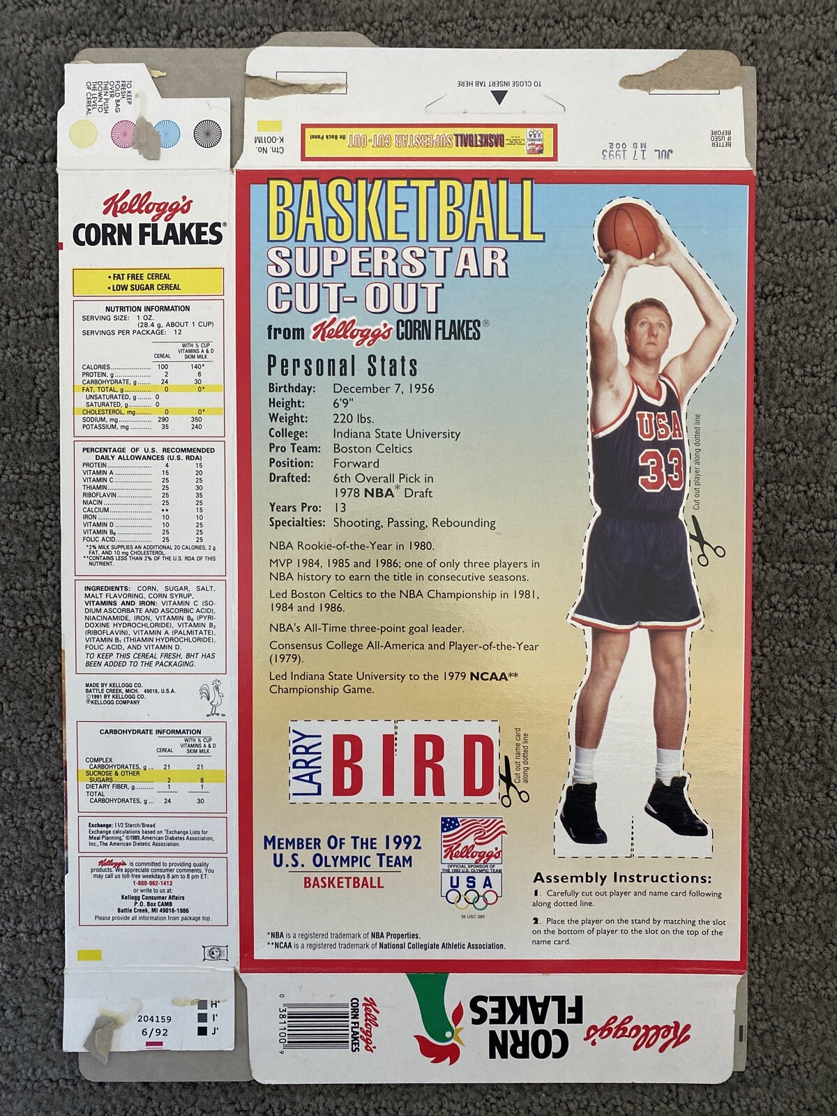 1993 Vintage (Kellogg's) "CORN FLAKES" Cereal Box, (Larry Bird Cut-Out ...