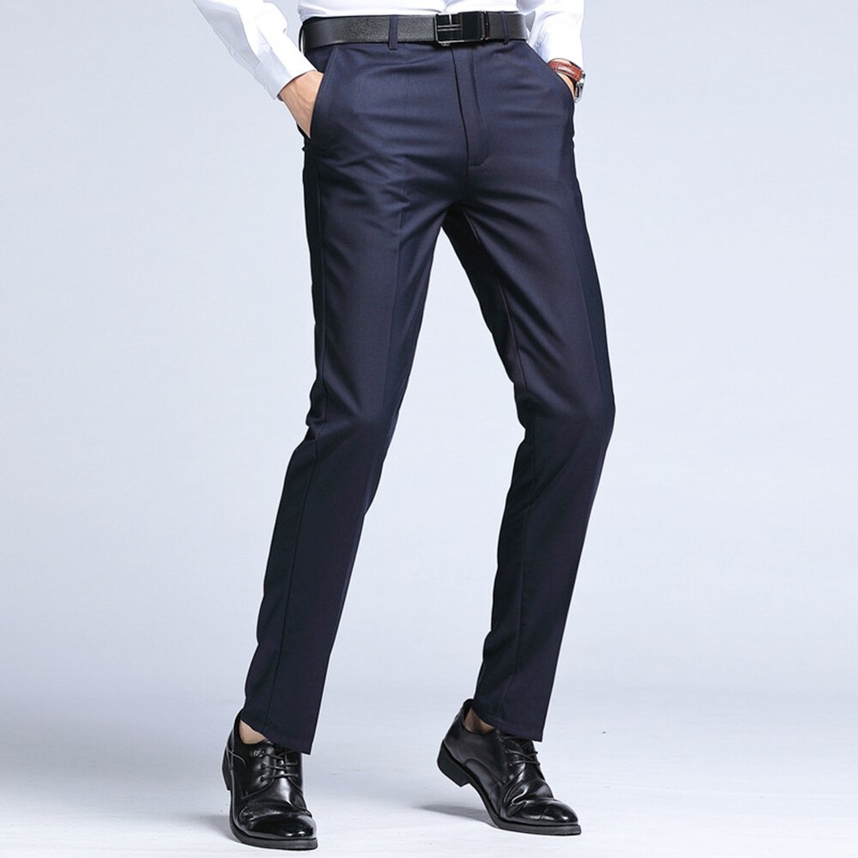 Men’s Office Tailored Suit Trousers Straight Leg Slim Long Pants Smart ...