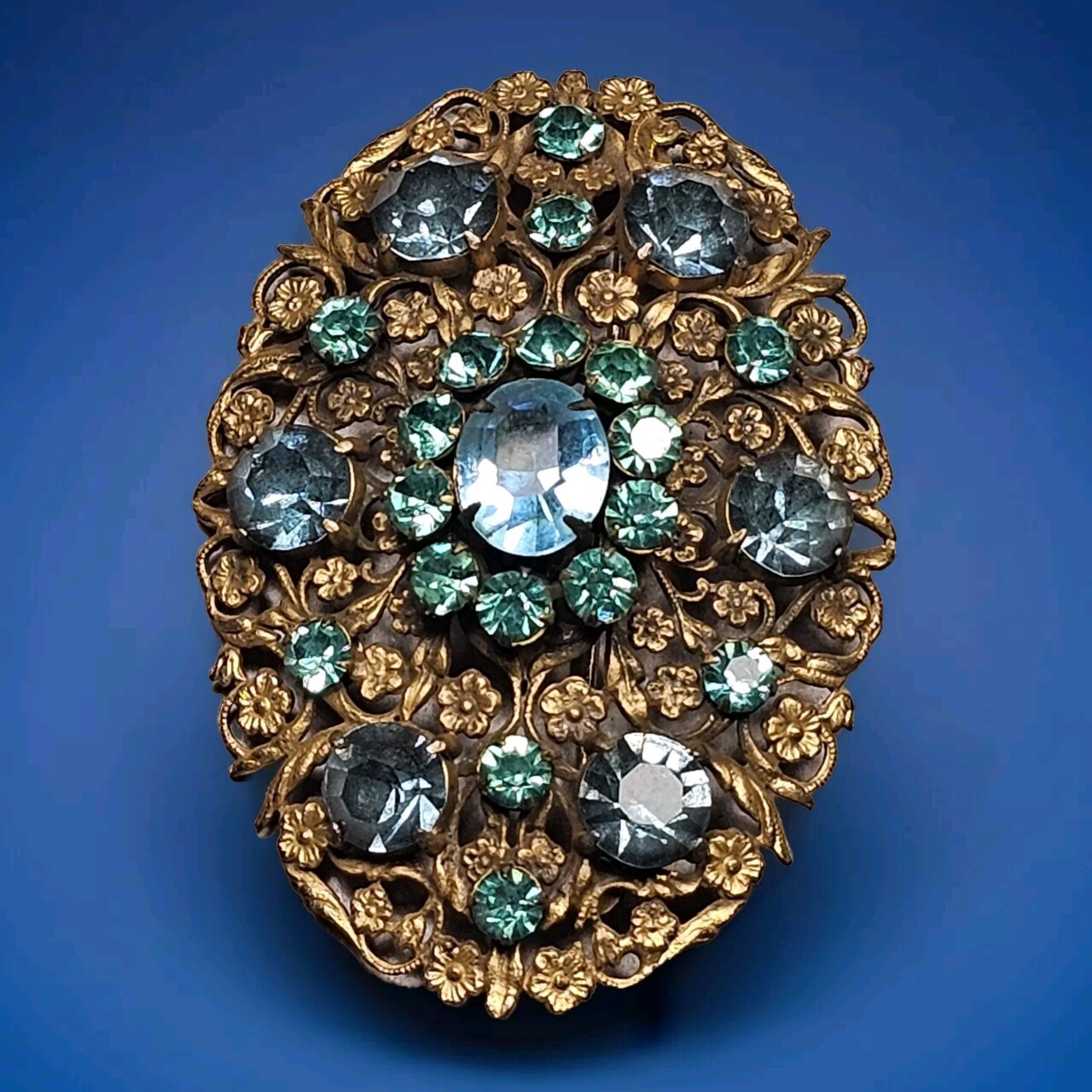 Antique Aqua Czech Filigree Sash Pin/Brooch - Gem