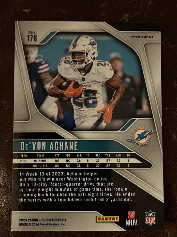 Devon Achane 2024 Panini Prizm Black & White Checker Board Prizm #176 ...