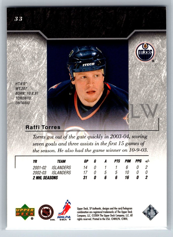 2003-04 Upper Deck SP Authentic Raffi Torres Edmonton Oilers #33 | eBay