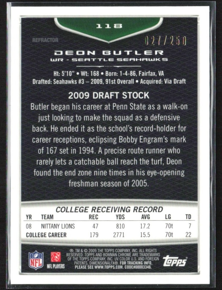 Deon Butler 2009 Bowman Chrome X-Fractor RC /250 #118 Seattle Seahawks ...