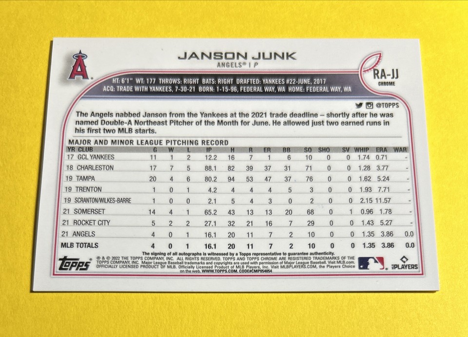 2022 Topps Chrome Janson Junk Rookie Card RC Auto Autograph #RA-JJ ...