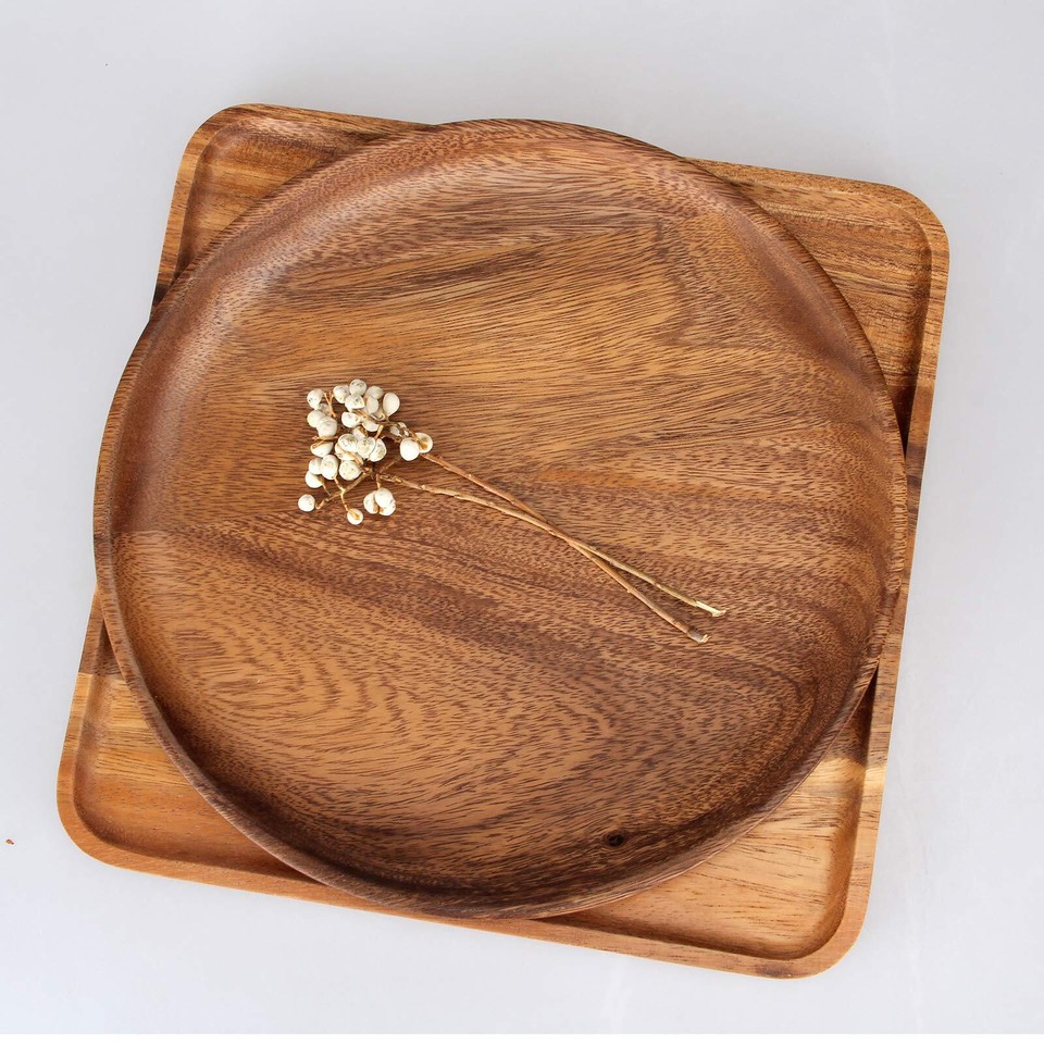 2 Pcs 10 Inch Acacia Wood Dinner Plates For Eating Wooden Round ...