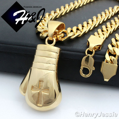 18-40"Stainless Steel 9mm Gold Plated Cuban Chain Boxing Glove Cross ...