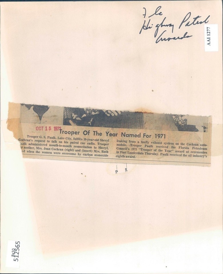 1971 Trooper G S Paulk Sheryl Cochran Child Saved Resuscitation Police ...