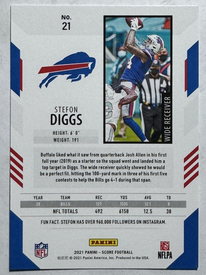 STEFON DIGGS Buffalo Bills, Texans 2021 Panini Score Football Card #21 ...