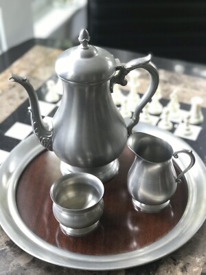 VINTAGE PREISNER PEWTER COFFEE-TEA POT Creamer, Sugar Bowl, Colonial ...