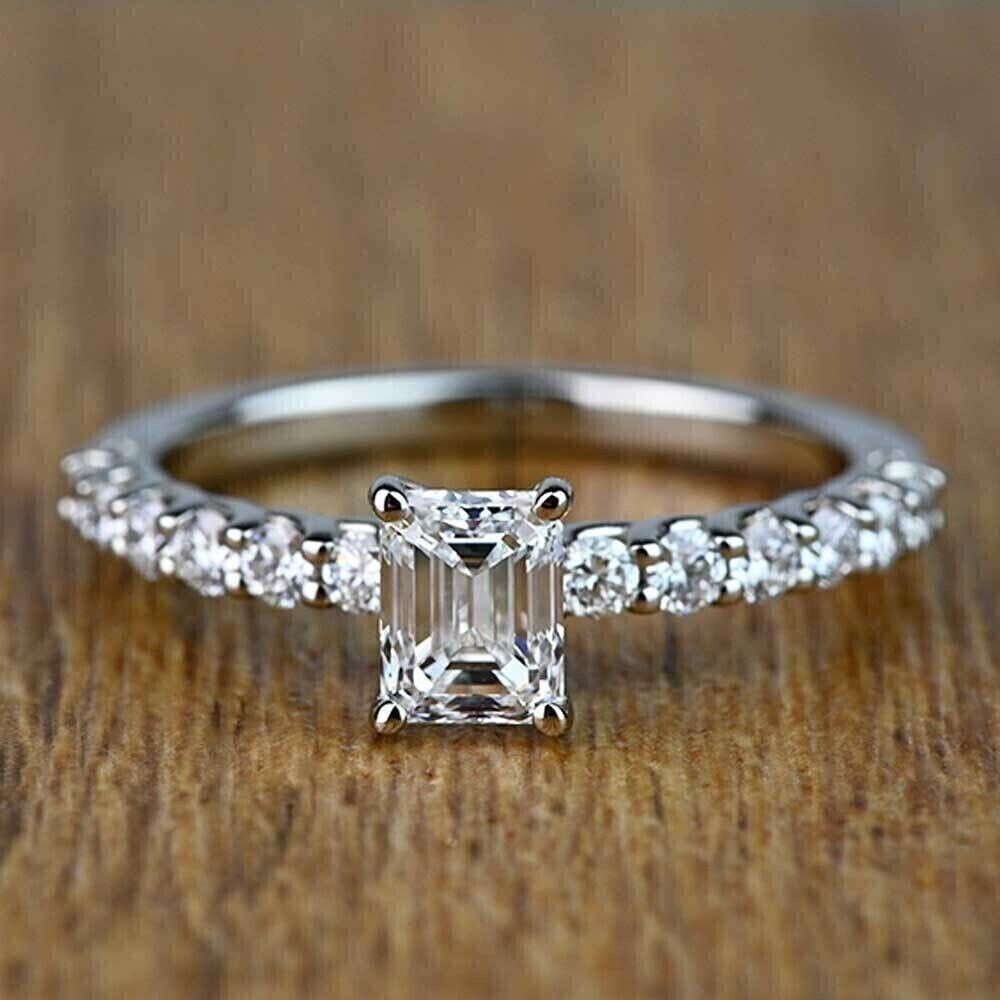 1.5Ct Emerald Cut Simulated Diamond Women Engagement Ring 14k White ...