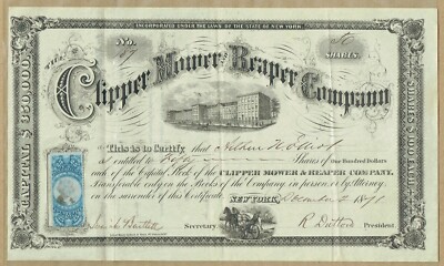 CLIPPER MOWER & REAPER CO., NYC 1871 STOCK CERT. | eBay