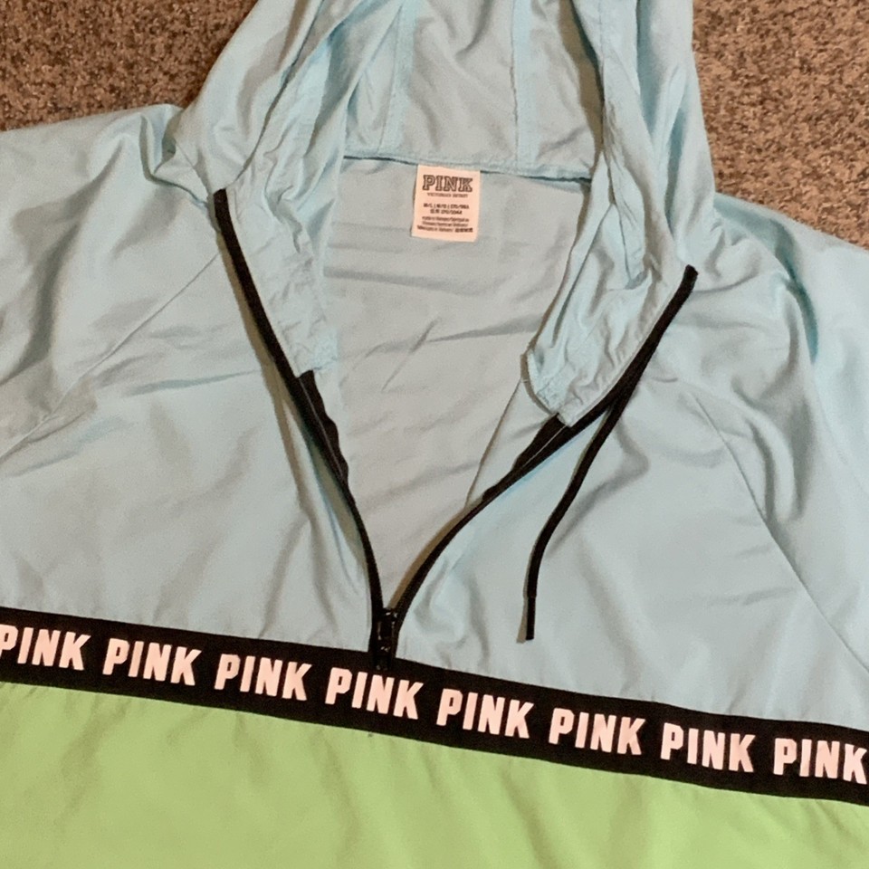 Victorias Secret PINK Hoodie M/L Blue/Green Half Zip Windbreaker Rain ...