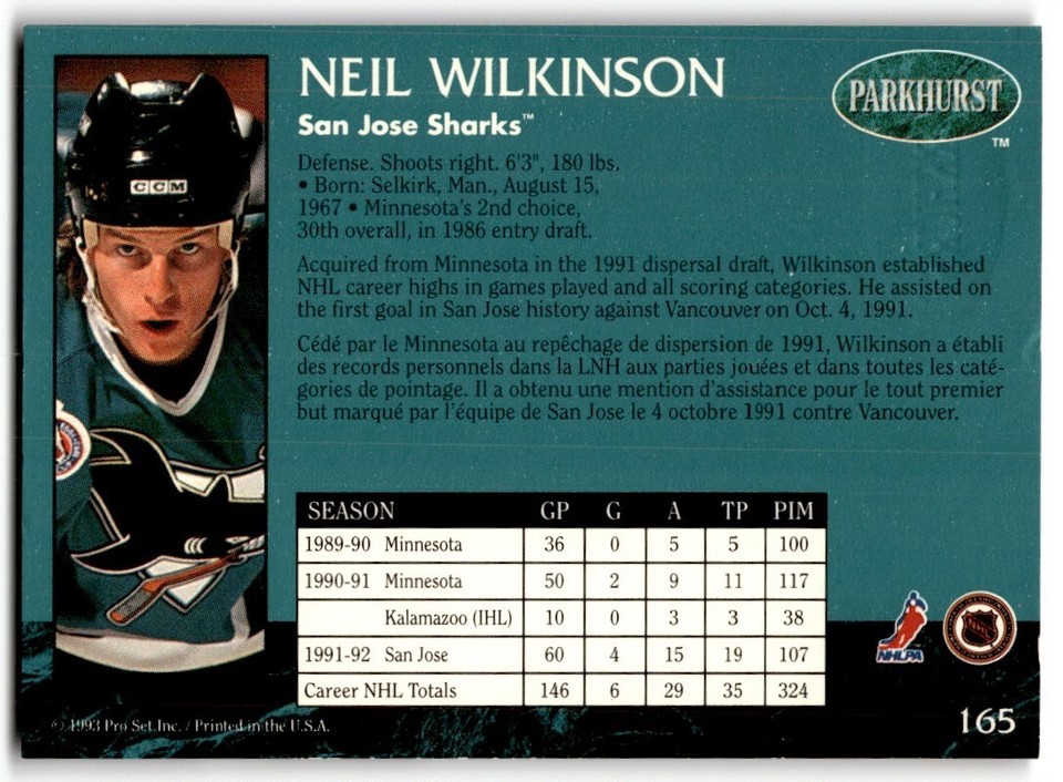 1992-93 Parkhurst Emerald Ice Neil Wilkinson #165 San Jose Sharks | eBay